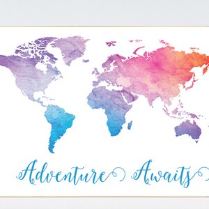 Adventure Awaits, World Map Print, Watercolor World Map, Nursery Wall ...