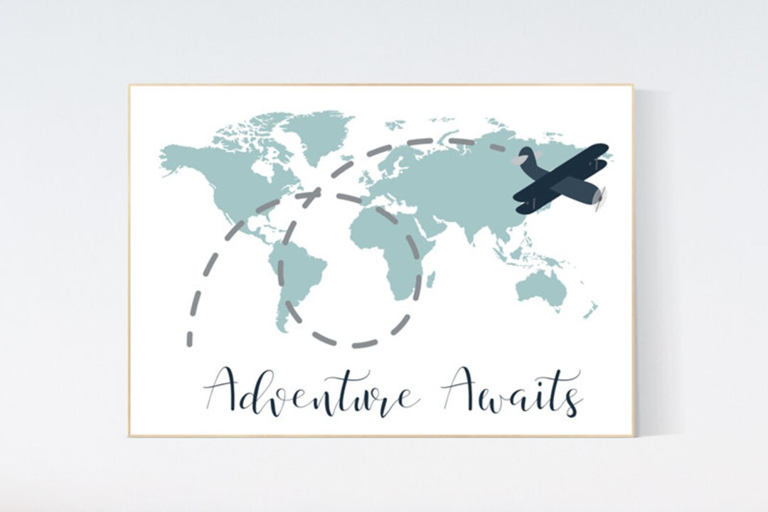 Nursery Wall Art Map, Adventure Awaits, World Map Print, Nursery Decor ...