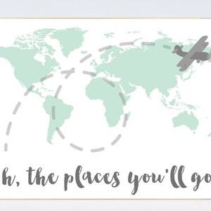 Mint Nursery Decor, Oh the Places You'll Go, World Map Wall Art, World ...