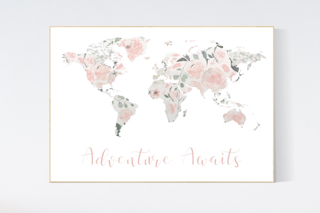 Floral World Map, Girl Nursery Decor, Travel Nursery Art, Floral ...