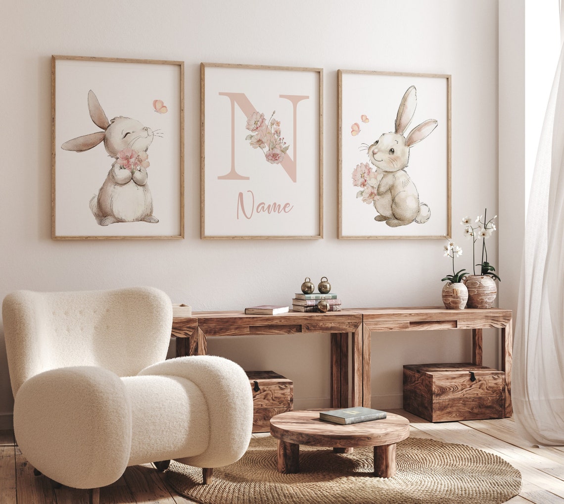 Bunny Floral Watercolor Nursery Print: Girl's Room Wall Art - Etsy