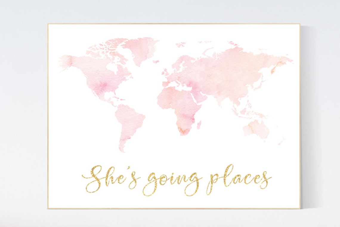 Blush Pink Watercolor World Map Nursery Baby Girl Room | Etsy