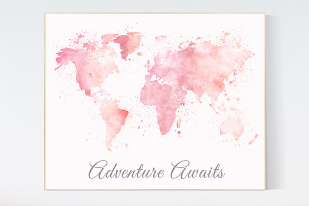 Adventure Awaits, Blush Pink Watercolor World Map, Nursery Baby Girl ...