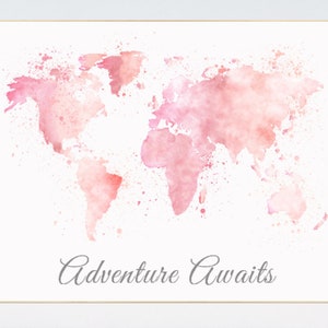 Adventure Awaits, Blush Pink Watercolor World Map, Nursery Baby Girl ...
