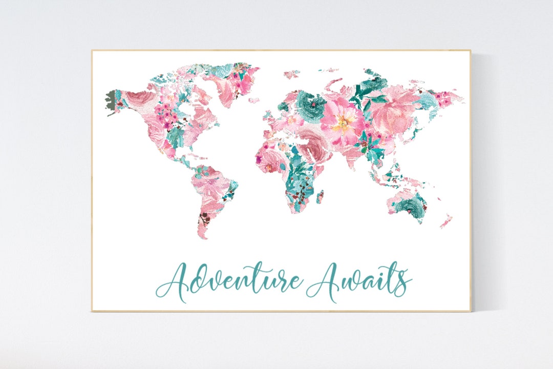 Floral World Map Print: Pink & Teal Nursery Decor - Etsy