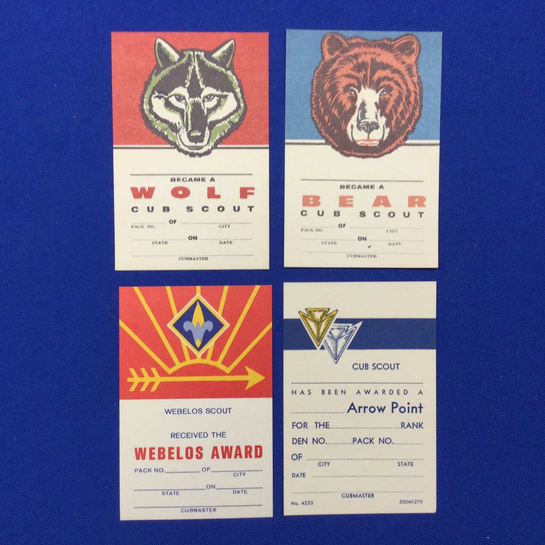 1970's Cub Scout Rank Cards New Unissued Wolf, Bear, Webelos Award ...