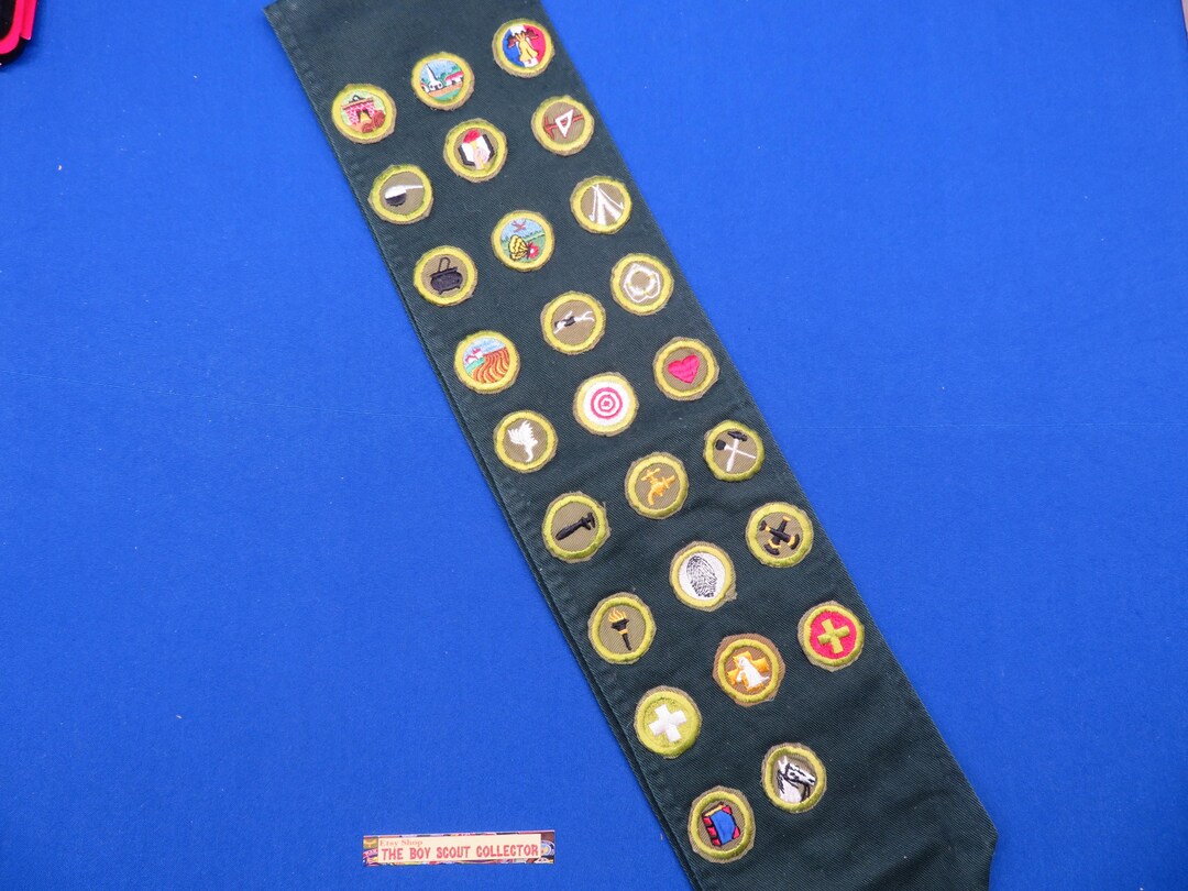 Boy Scout Vintage 1950's Explorer Dark Green Merit Badge Sash With 26 ...