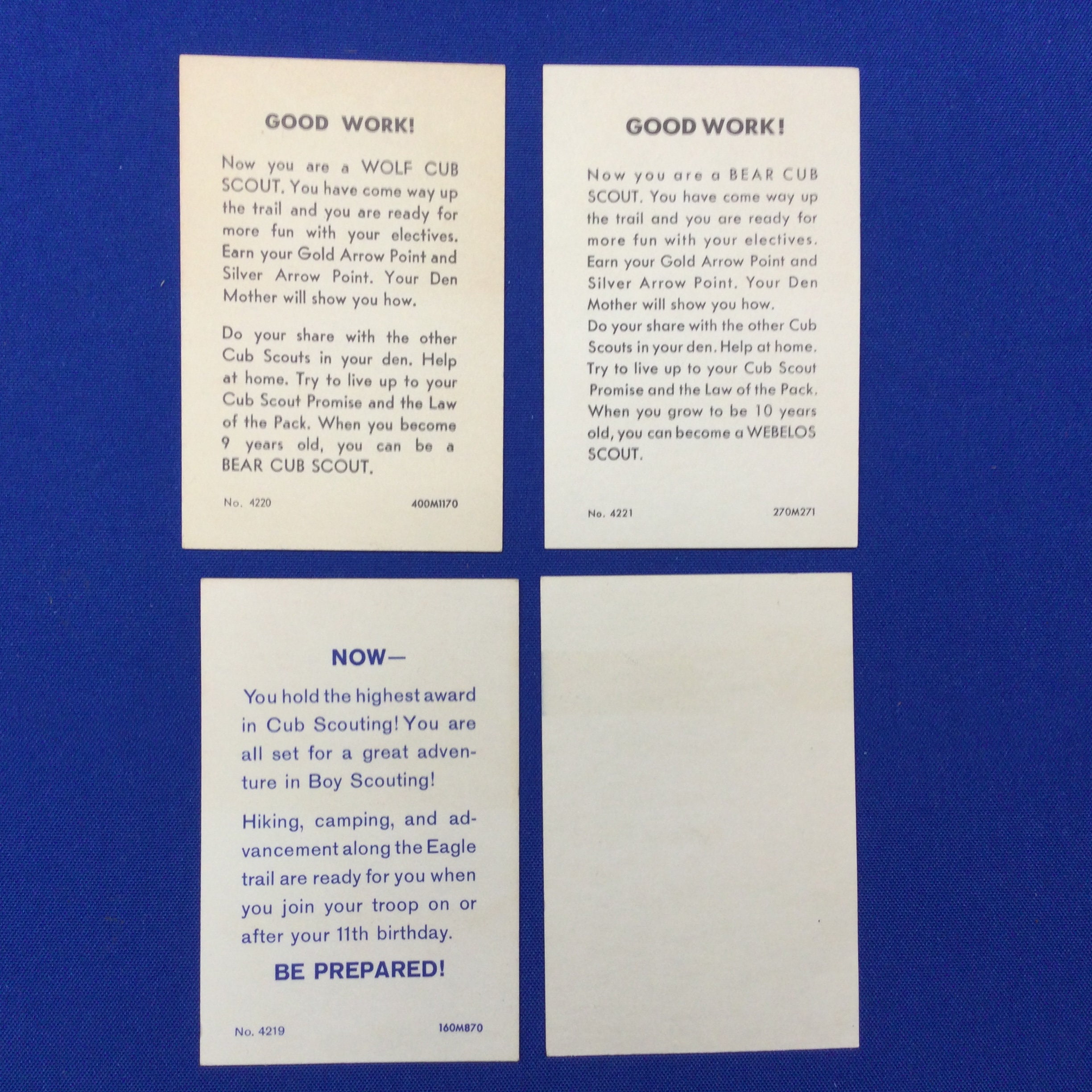1970's Cub Scout Rank Cards New Unissued Wolf, Bear, Webelos Award ...