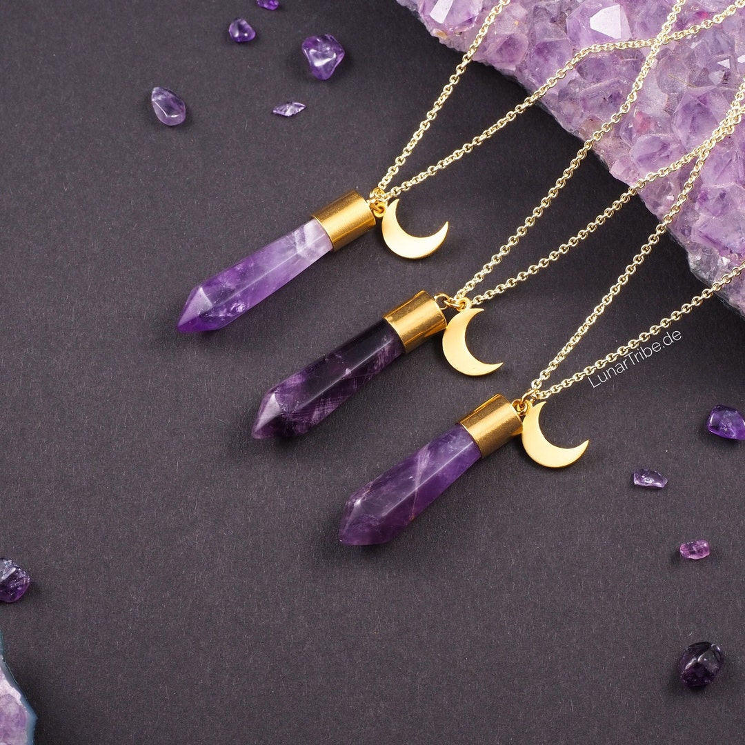 Gold Amethyst Moon Necklace, Amethyst Necklace With Moon Pendant Gold ...