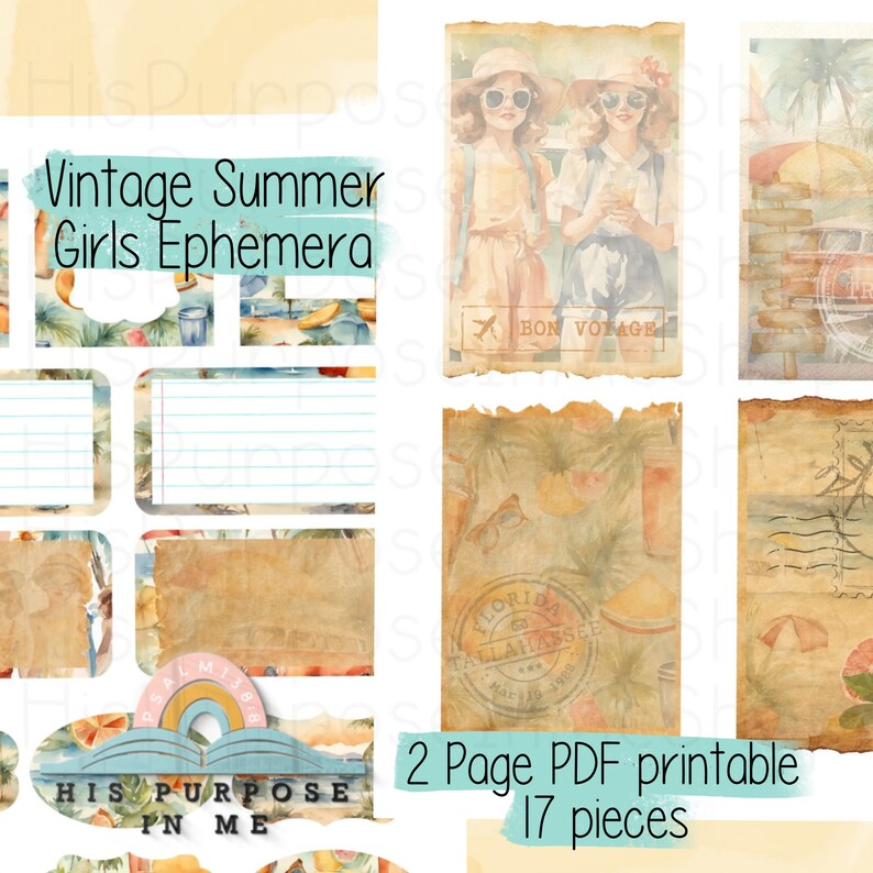 Vintage Summer Girls Ephemera - Junk Journaling - Printable - Instant ...