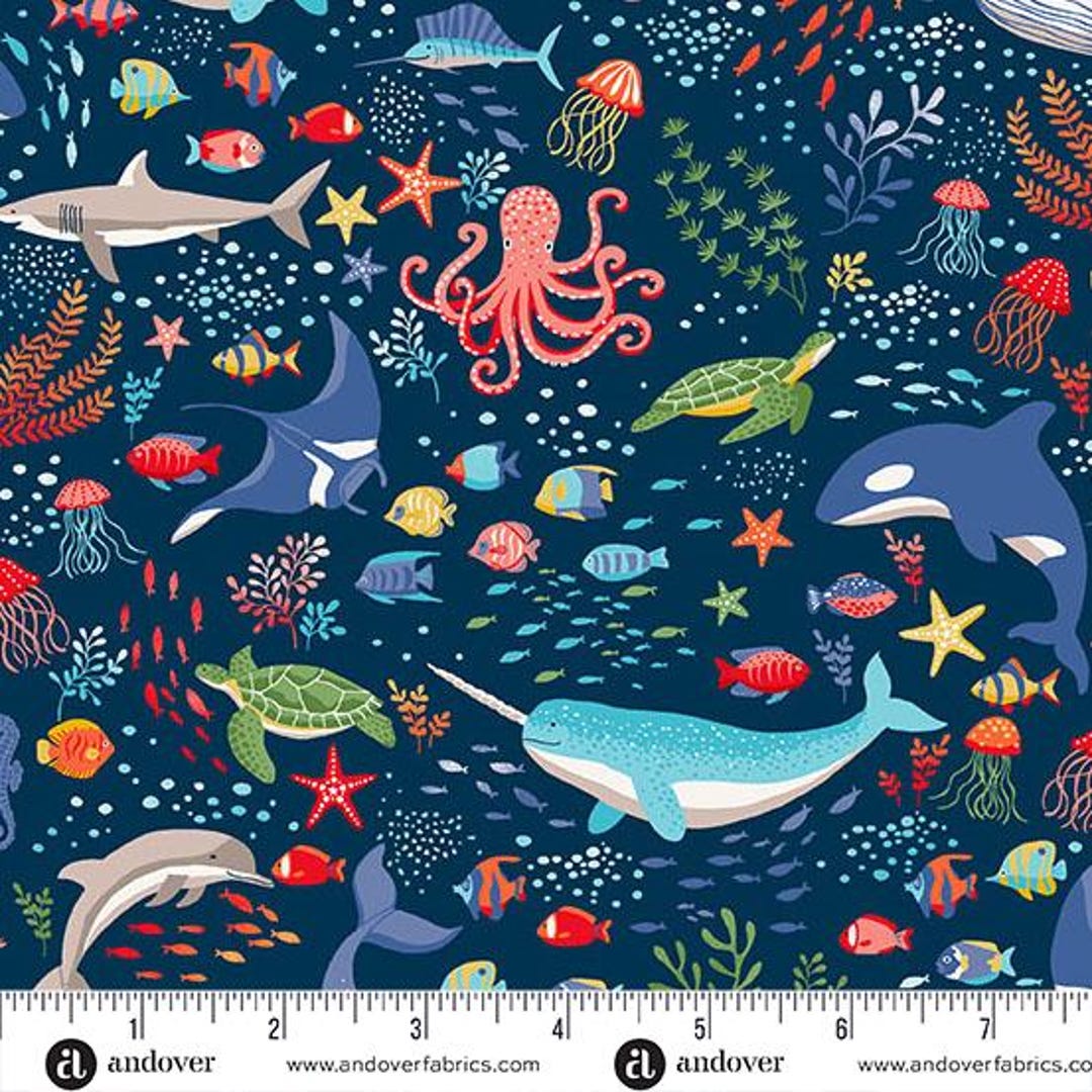 Deep Blue Sea - Creatures (MU-137_B8) in Dark Blue by Makower HALF YARD ...