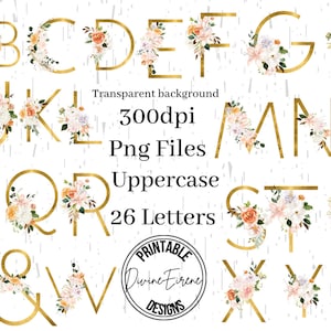 Alphabet With Watercolor Flowers, Floral Gold Letters, Gold Alphabet ...