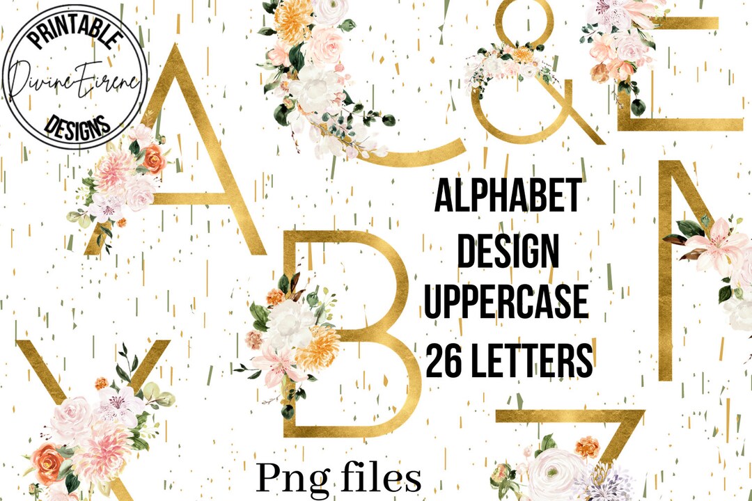 Alphabet With Watercolor Flowers, Floral Gold Letters, Gold Alphabet ...