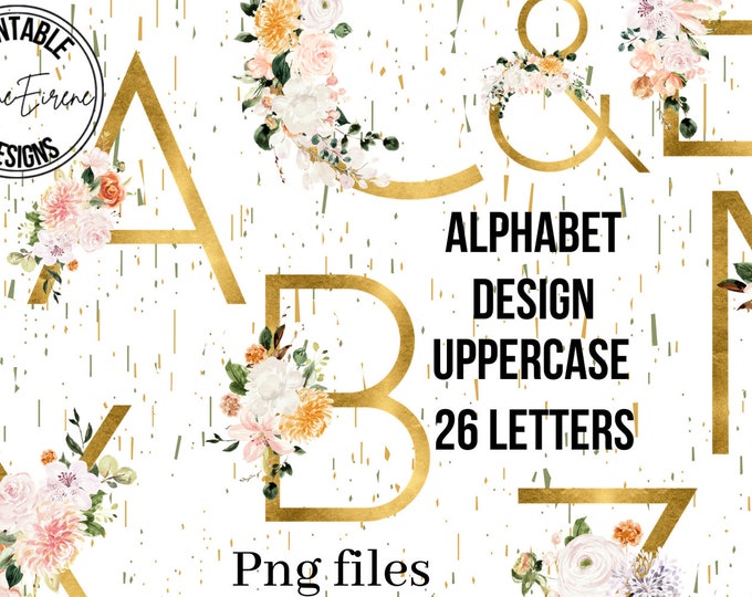Gold Floral Alphabet Letters Clipart: Wedding Invitation PNG (digital ...