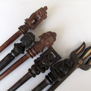 5 Pieces Ebony Wood Trishul Trident Hand Carved Hair Fork, Natural Wood ...