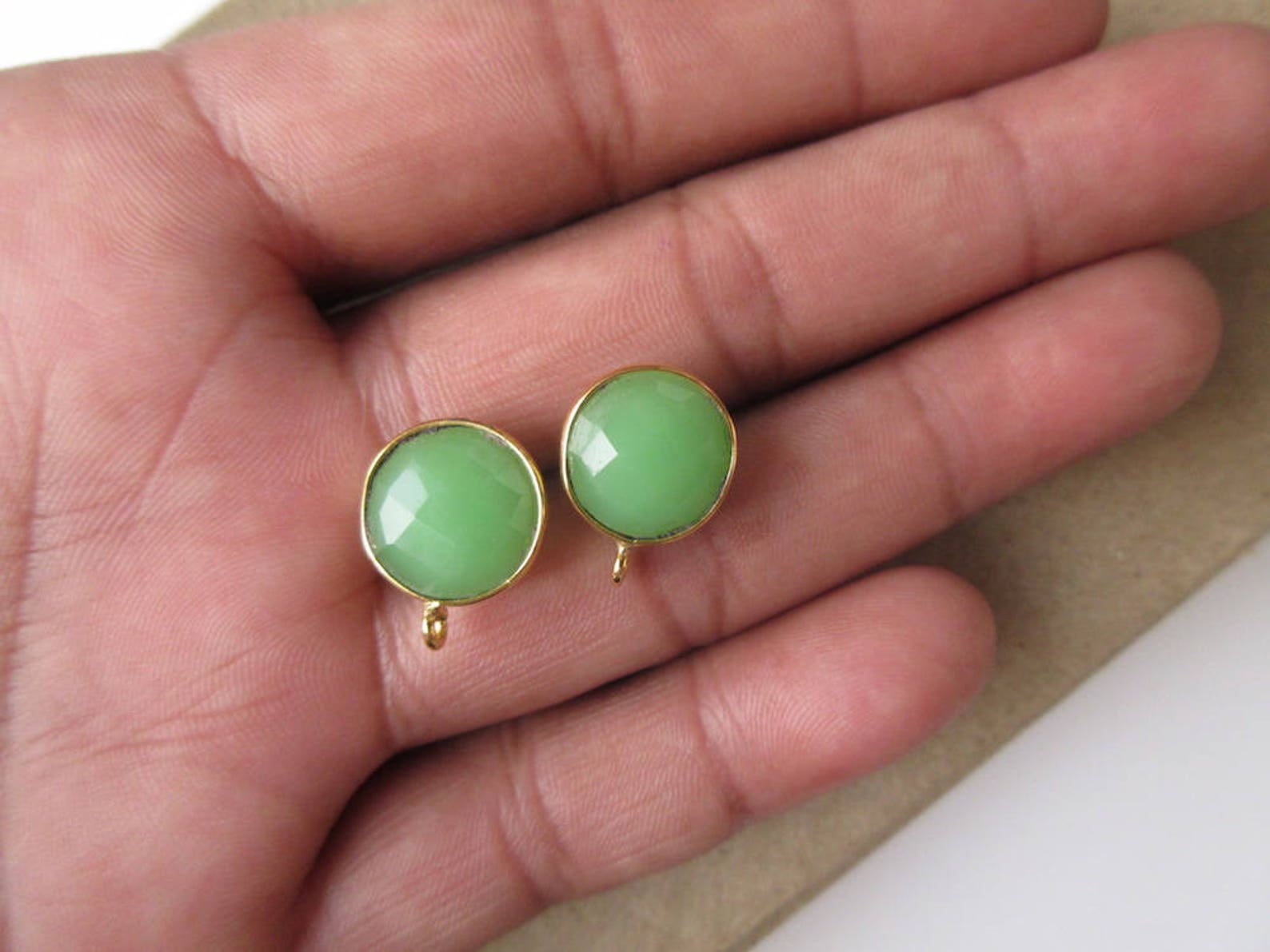 5 Pairs Green Chrysoprase Color Chalcedony Round Bezel Set Earring ...