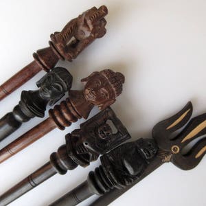 5 Pieces Ebony Wood Trishul Trident Hand Carved Hair Fork, Natural Wood ...