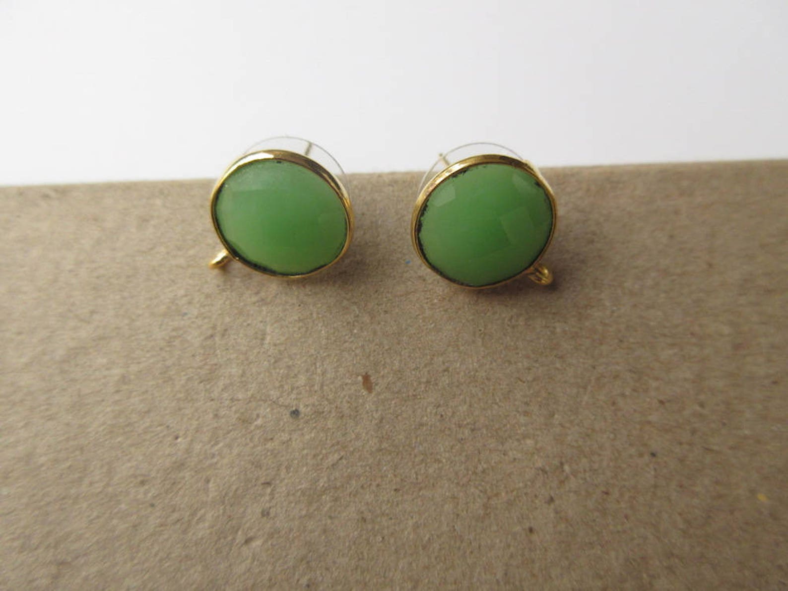 5 Pairs Green Chrysoprase Color Chalcedony Round Bezel Set Earring ...