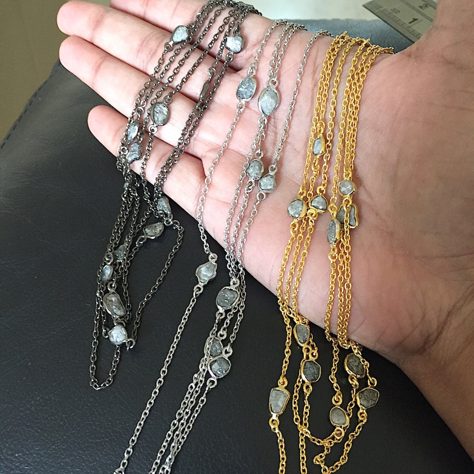 24 Inches Raw Diamond Connector Chain, 925 Sterling Silver Bezel ...