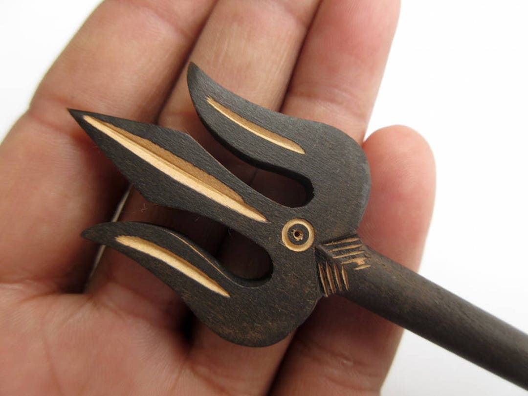 5 Pieces Ebony Wood Trishul Trident Hand Carved Hair Fork, Natural Wood ...