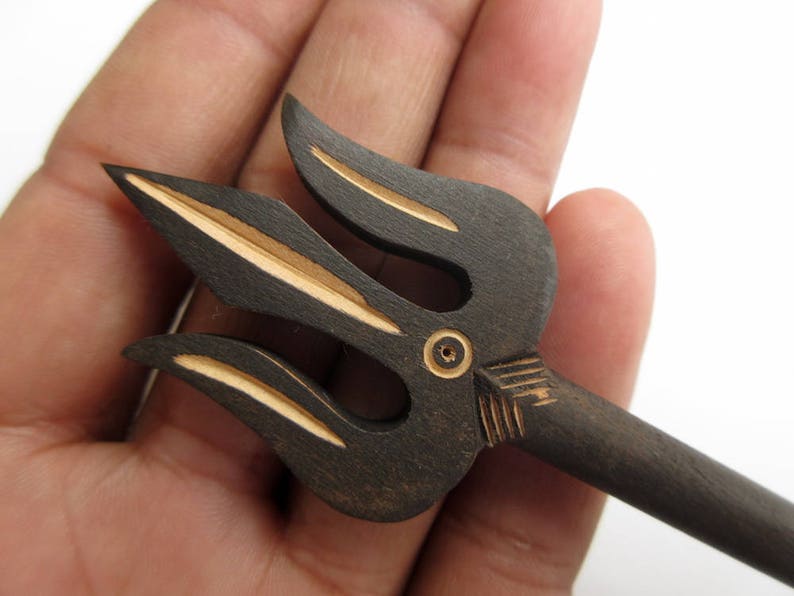 5 Pieces Ebony Wood Trishul Trident Hand Carved Hair Fork, Natural Wood ...
