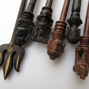 5 Pieces Ebony Wood Trishul Trident Hand Carved Hair Fork, Natural Wood ...