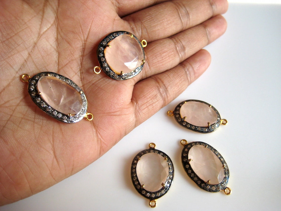 5 Pieces Rose Quartz Rose Cut Connectors White Topaz Pave - Etsy
