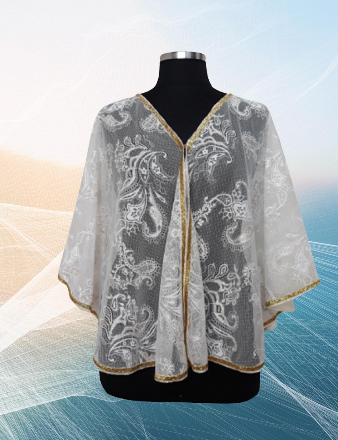 Ivory&gold Sheer Lace Cover-up, Shawl, Wrap- Paisley Lace Dress Topper ...