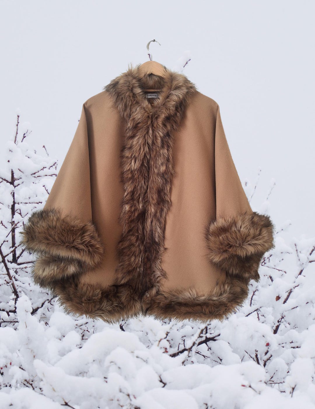 Mocha Brown Cashmere Half Cape, Jacket With Fur Trim, One Size Fits All ...