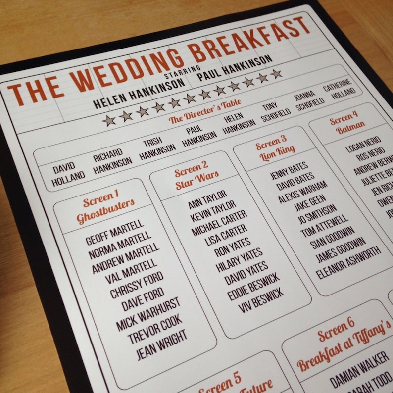 Cinema Wedding Table Plan / Film/ Movie / Theatre / Hollywood - Etsy UK