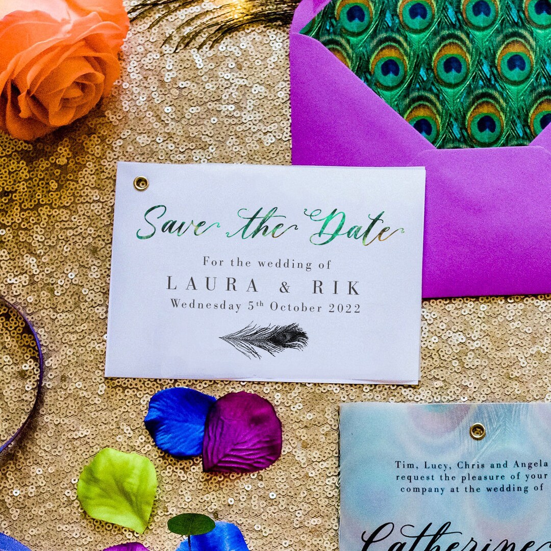 Peacock Feather Save the Date Vellum Cards / Thank You Magnets. Peacock Themed Wedding Save the ...