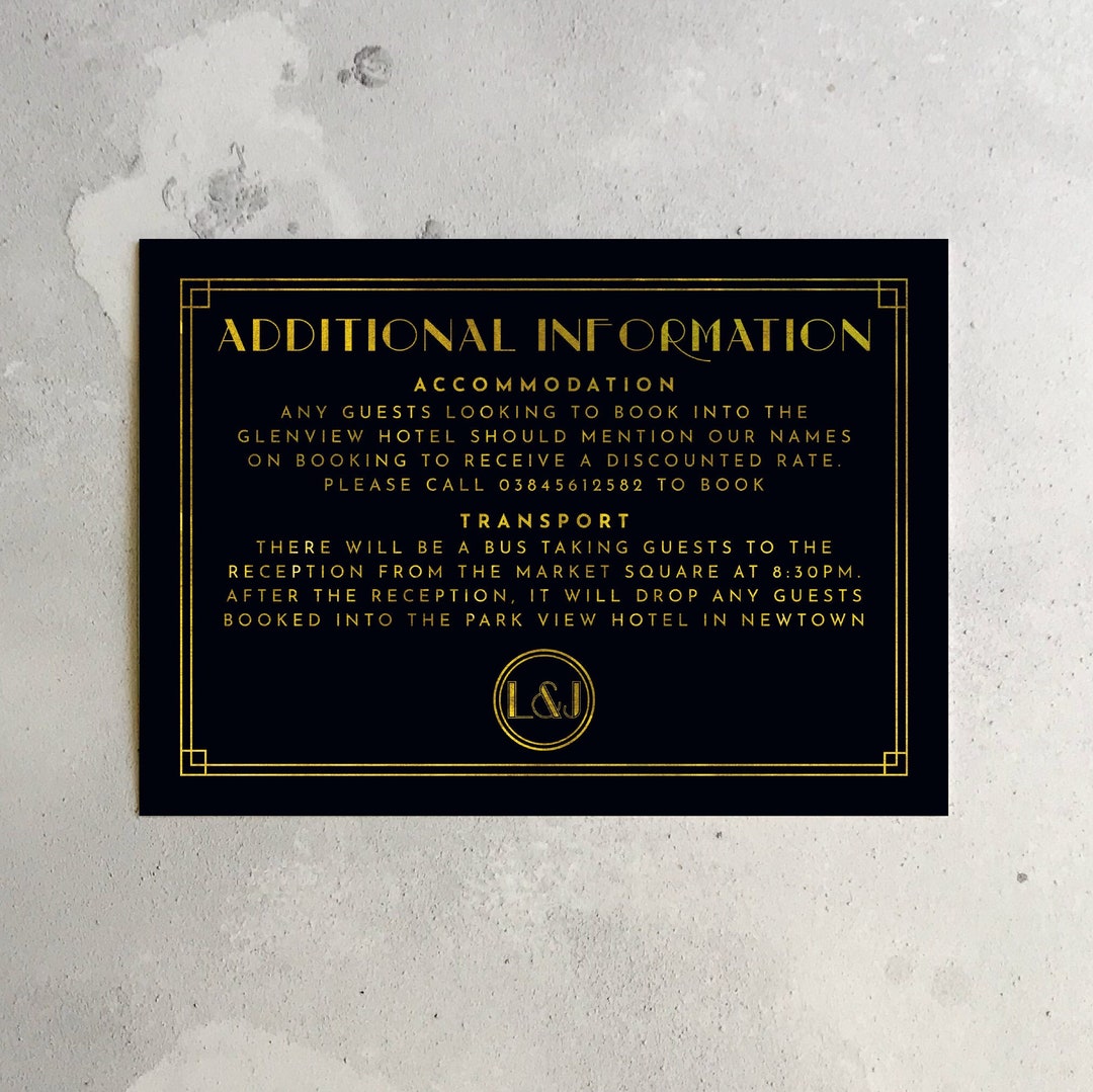 50 Personalised Gatsby Themed Wedding Additional Information Cards. Art ...