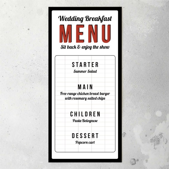 Movie / Cinema / Film Themed Wedding Menus | Etsy UK