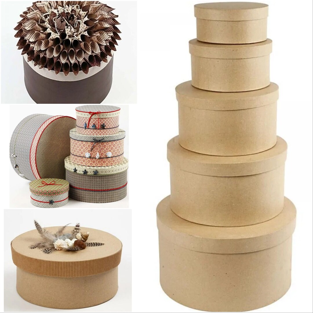 5 Round Hat Boxes Natural Paper Mache Card Boxes | Gift Storage ...