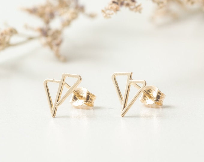 AUSTRIA Small Geometrical 14k Solid Gold Earrings , Geometric Studs, Paperplane Studs, Solid ...