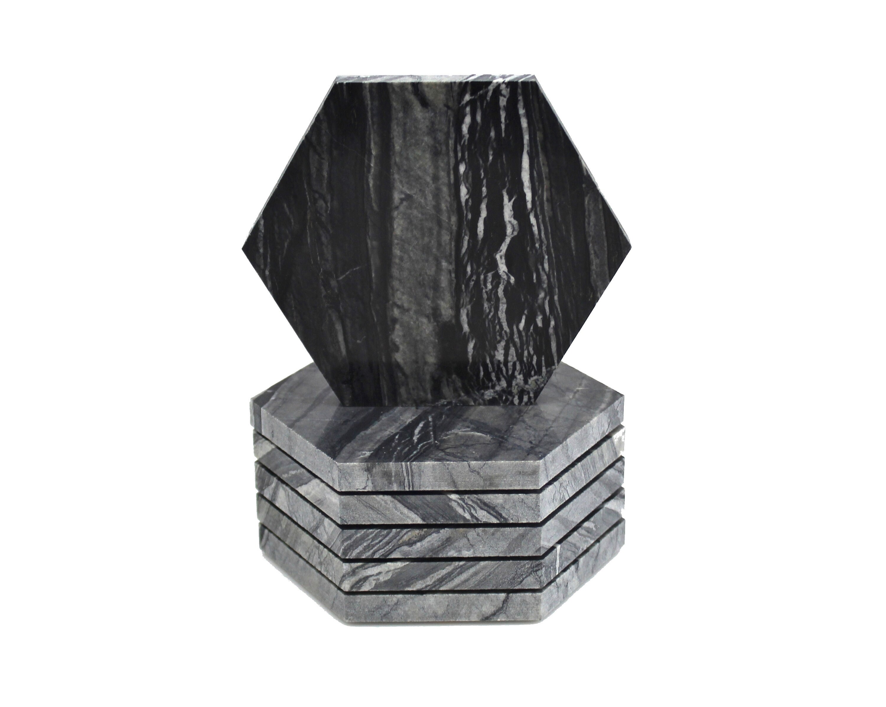 Hexagon Black Oak Marble Stone Coasters Personalized With - Etsy