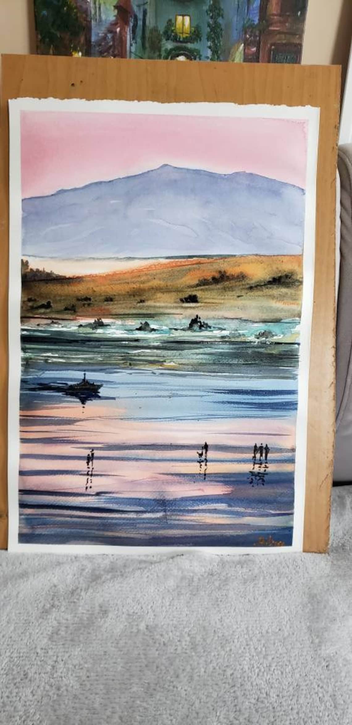 Pink Lake Shore Original Watercolor Painting 15"x22". - Etsy