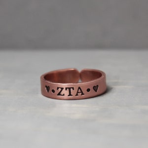 Zeta Tau Alpha Ring, Sorority Ring, Thin Copper Ring, Custom Sorority ...