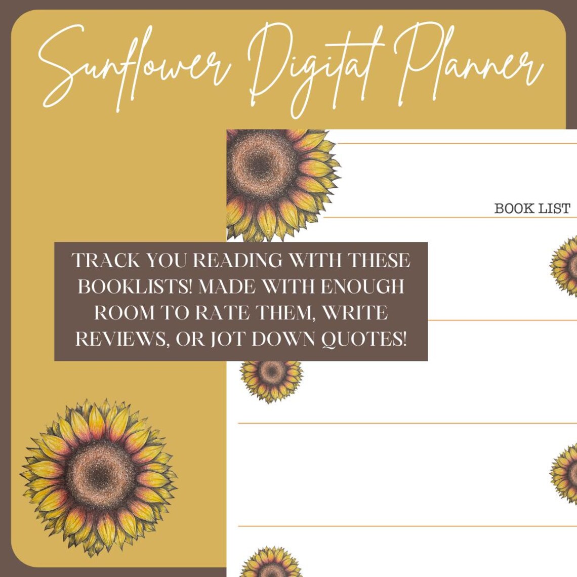 Sunflower Planner Digital Printable With Habit Tracker, Book List ...