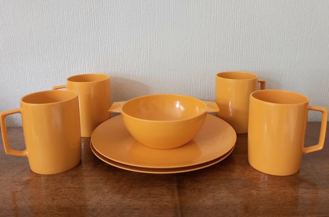 Vintage Melamine. 1970s Mugs, Plates and Bowl. Yellow Melaware. 2 ...