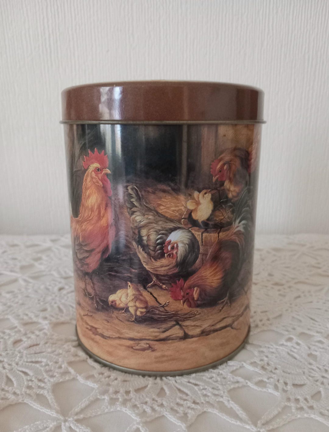 Vintage Tin. Hens, Chicks and Cockerels. Farmyard Scene Storage Tin ...