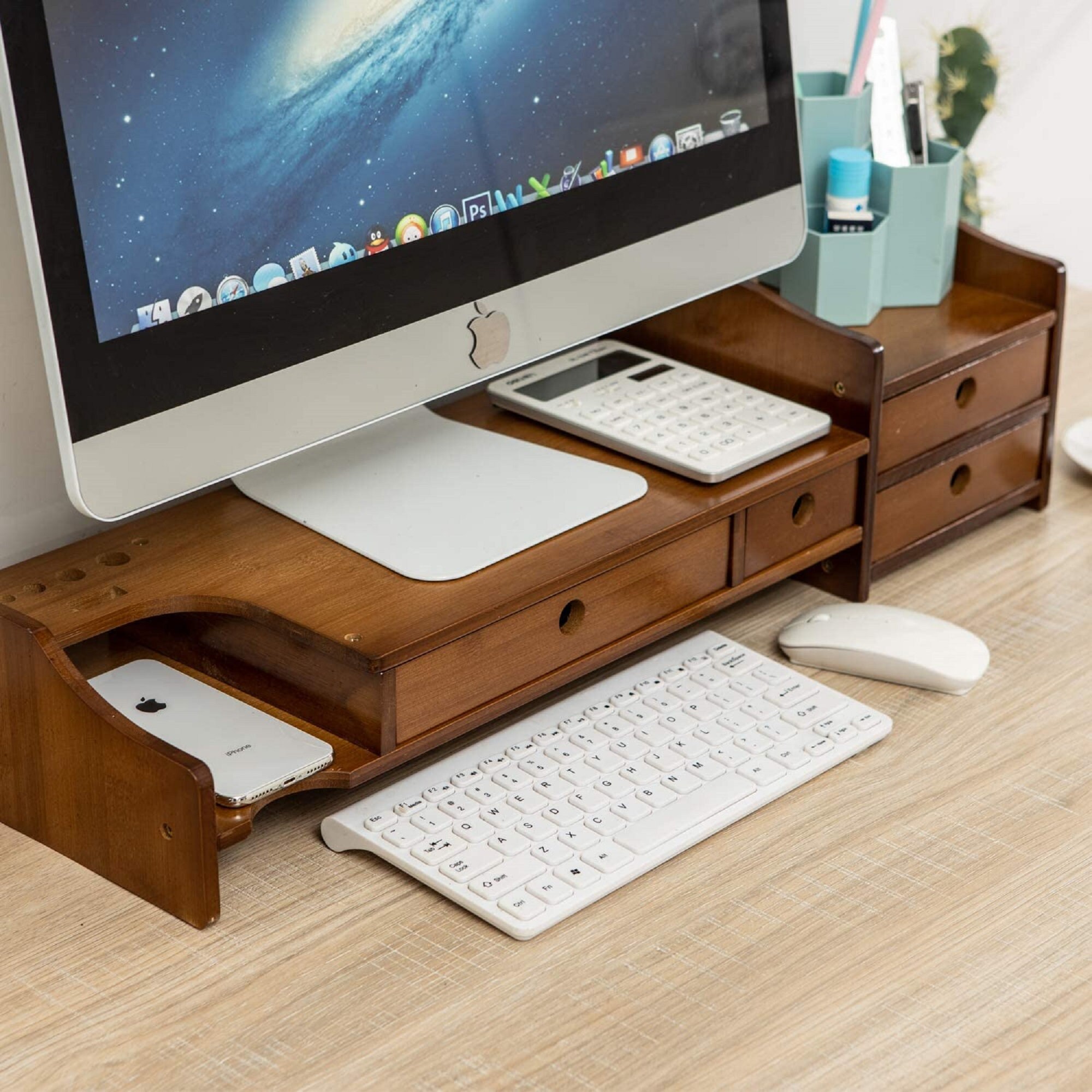 Desk shelf riser with drawer store