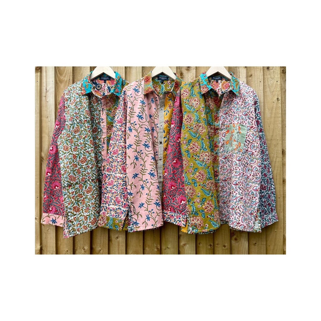 Large Patchwork Shirt Men's Women's Cotton Woodblock Floral Stripe ...