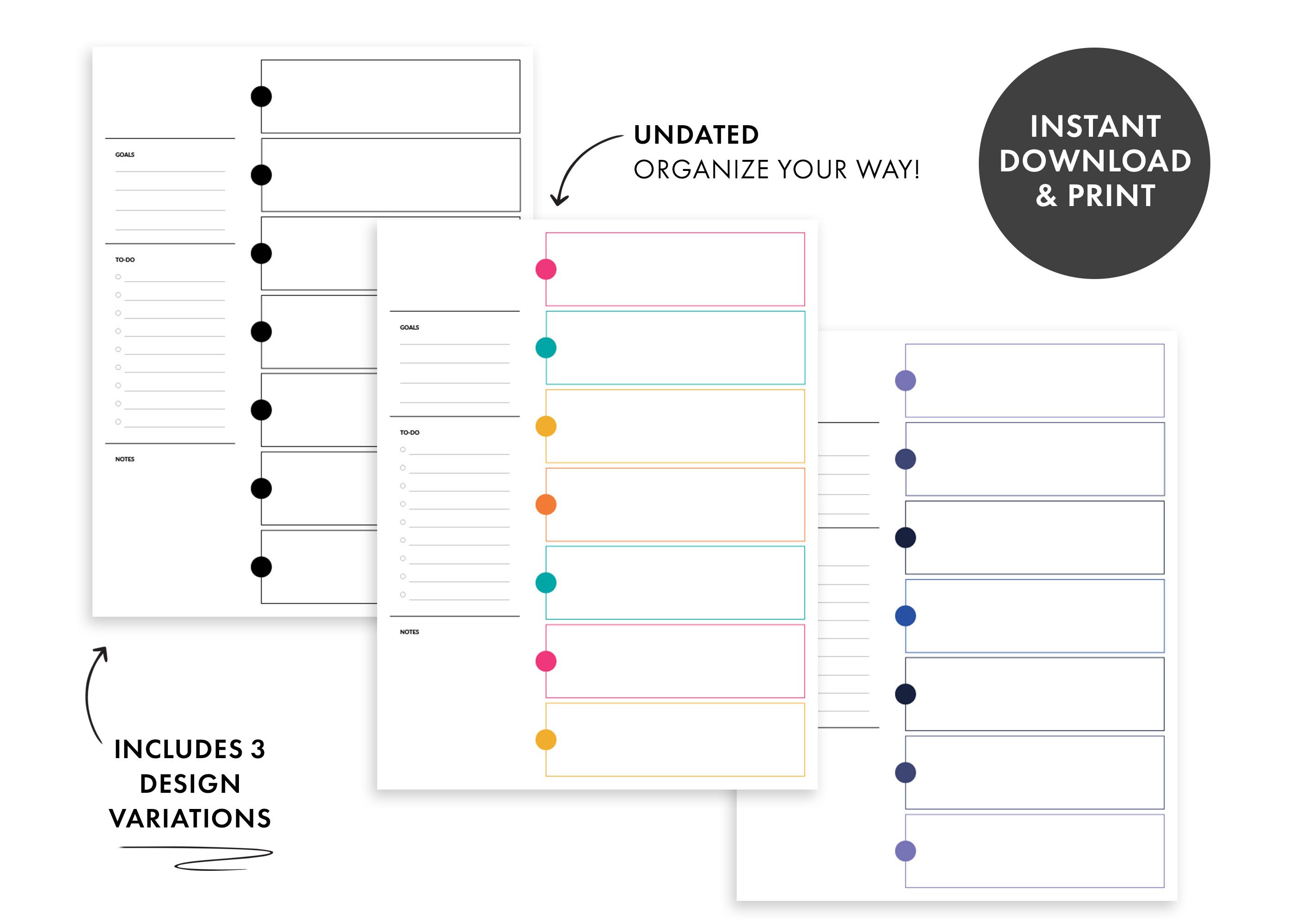Printable Weekly Planner: Undated, Bold Colors (PDF Download) - Etsy
