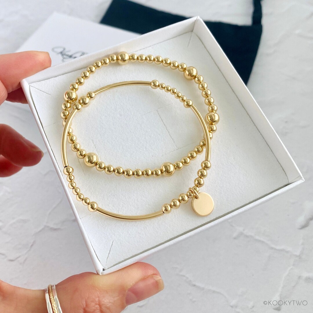14K Gold Filled Beaded Bracelet Stack, Gold Disc Bracelet Beaded Set ...