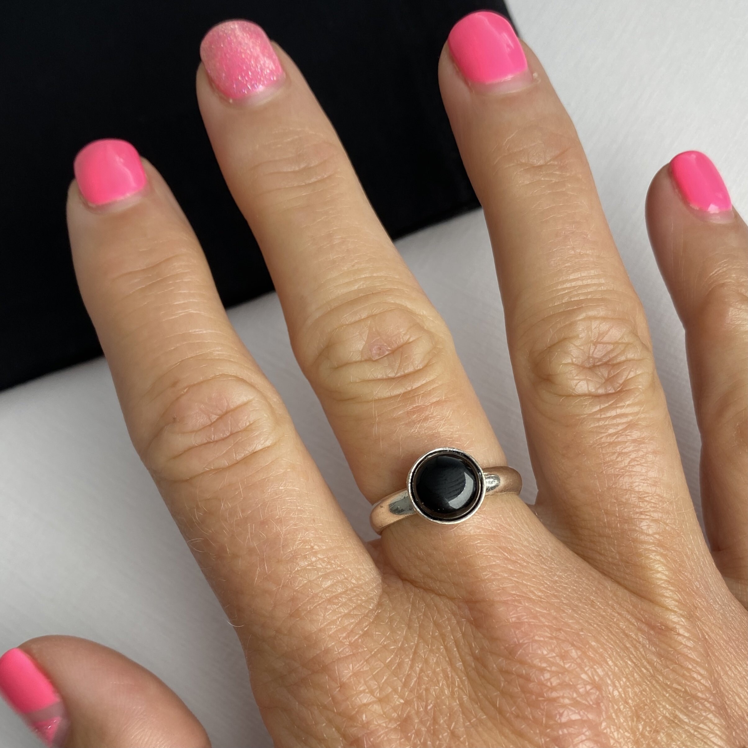 Black Onyx Round Ring, Sterling Silver Adjustable Ring, Black Jewellery ...