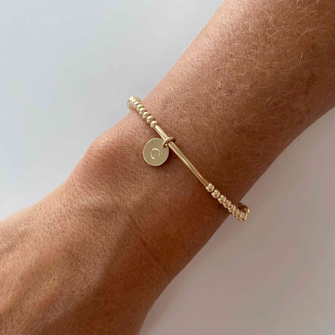 Gold Personalised Disc Bracelet, Bespoke Beaded Bracelet, Hand Stamped ...
