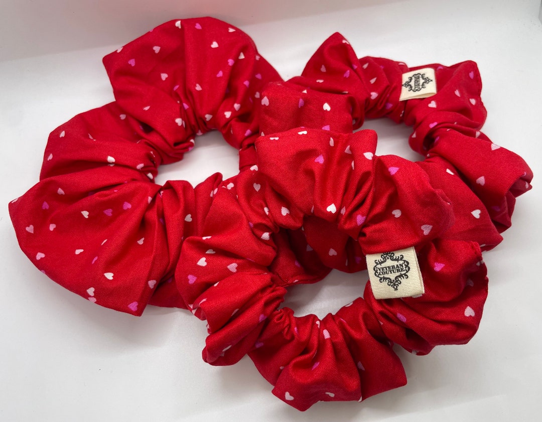 Red Scrunchies With Hearts Buns 90's Fashion Hair Ties Pony Tail ...