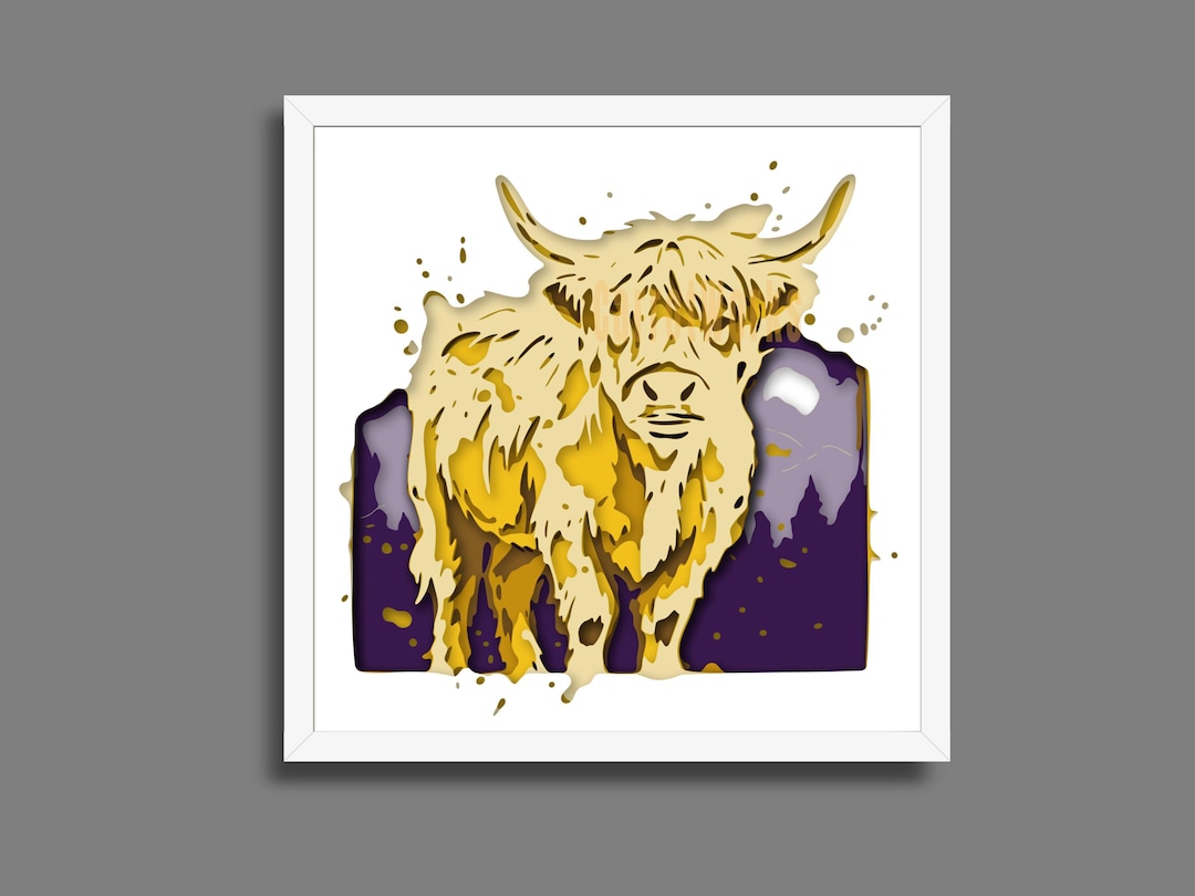 Highland Cow Watercolor Art Shadow Box, Shadow Box Templates, Laser Cut ...