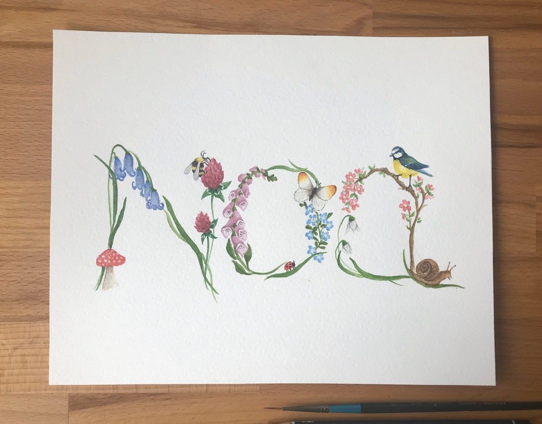 Custom Floral Name Painting. Hand Drawn and Painted in Watercolours. - Etsy